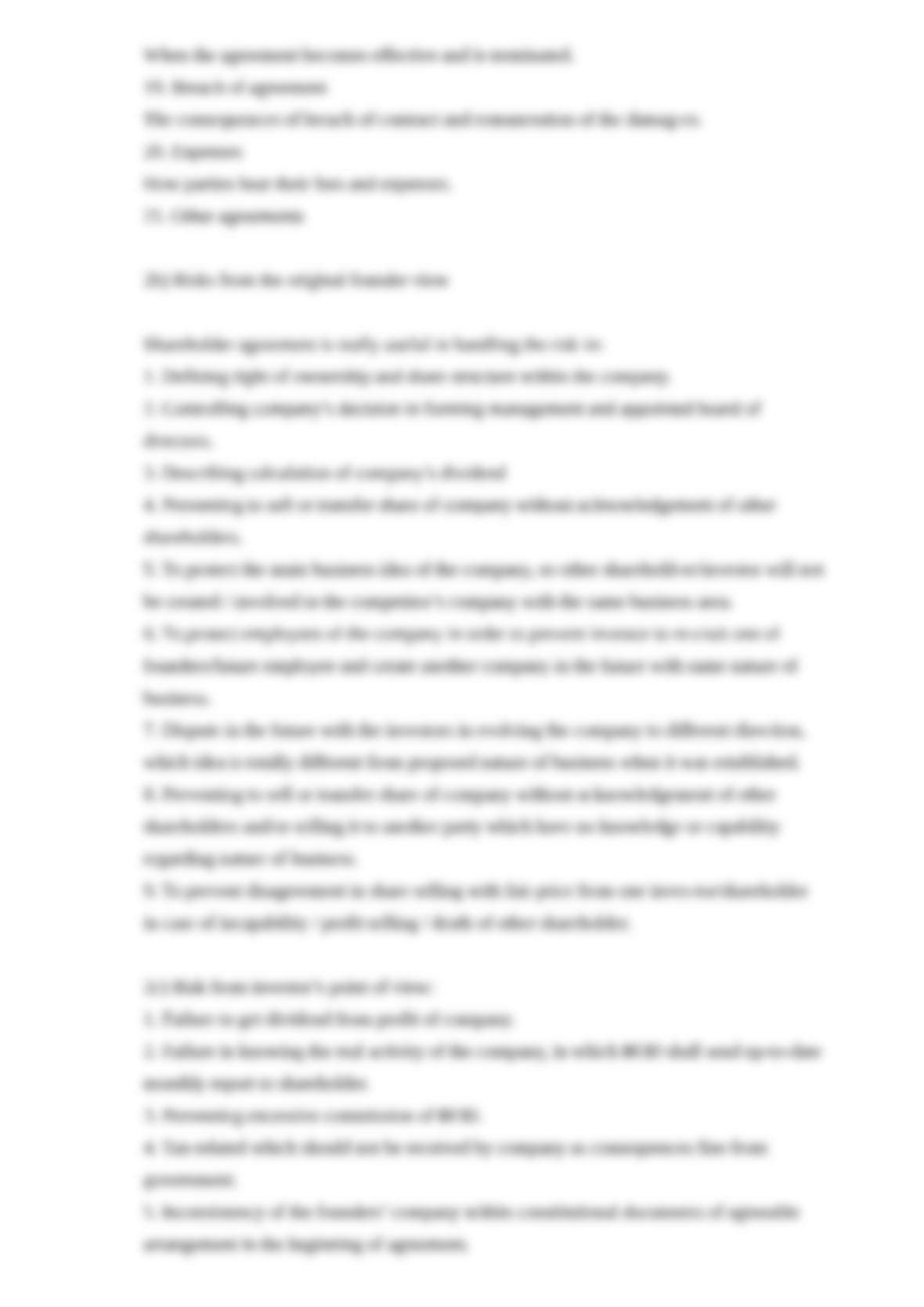 capital infusion and shareholders agreement | Course Paper